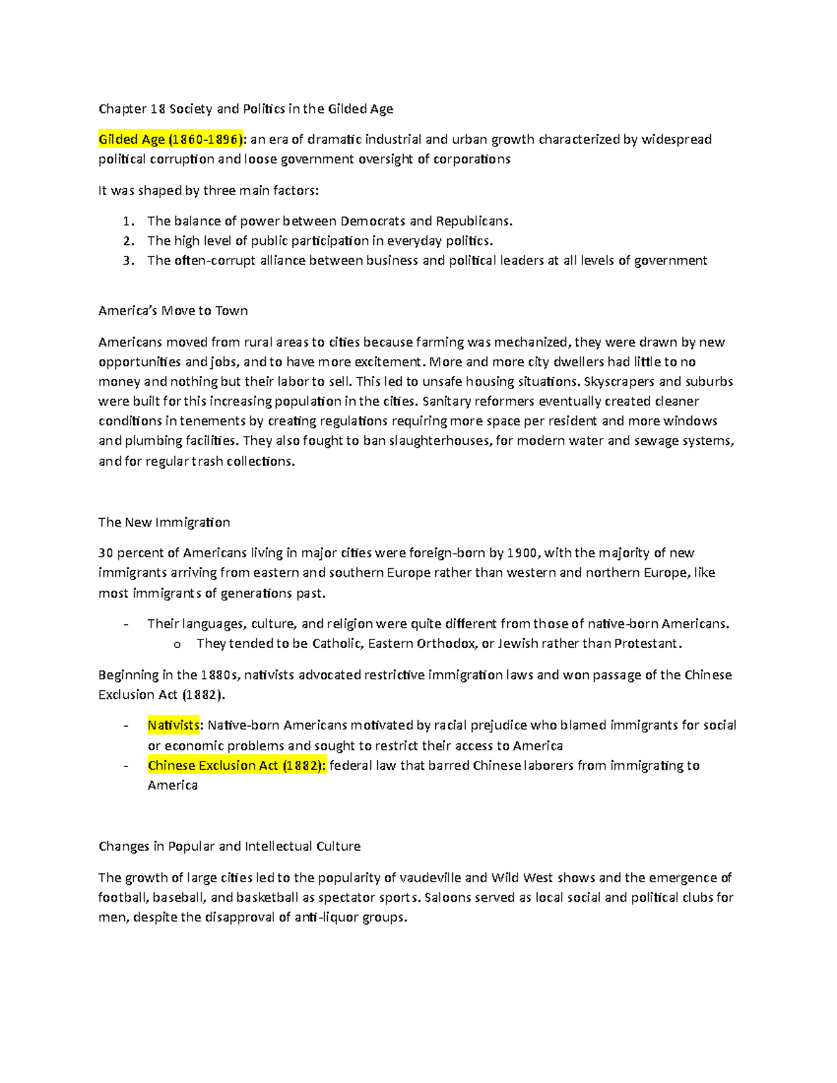 Chapter 18 Society and Politics in the Gilded Age - The high level of ...