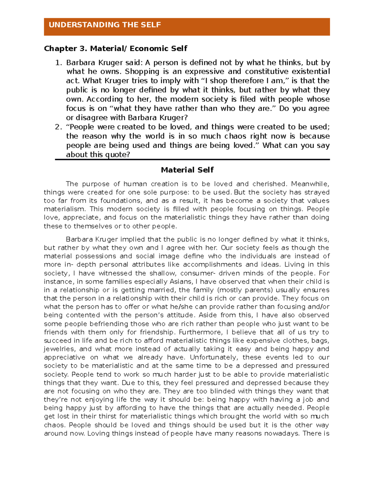 Thself- Material Self - Chapter 3. Material/ Economic Self 1. Barbara ...