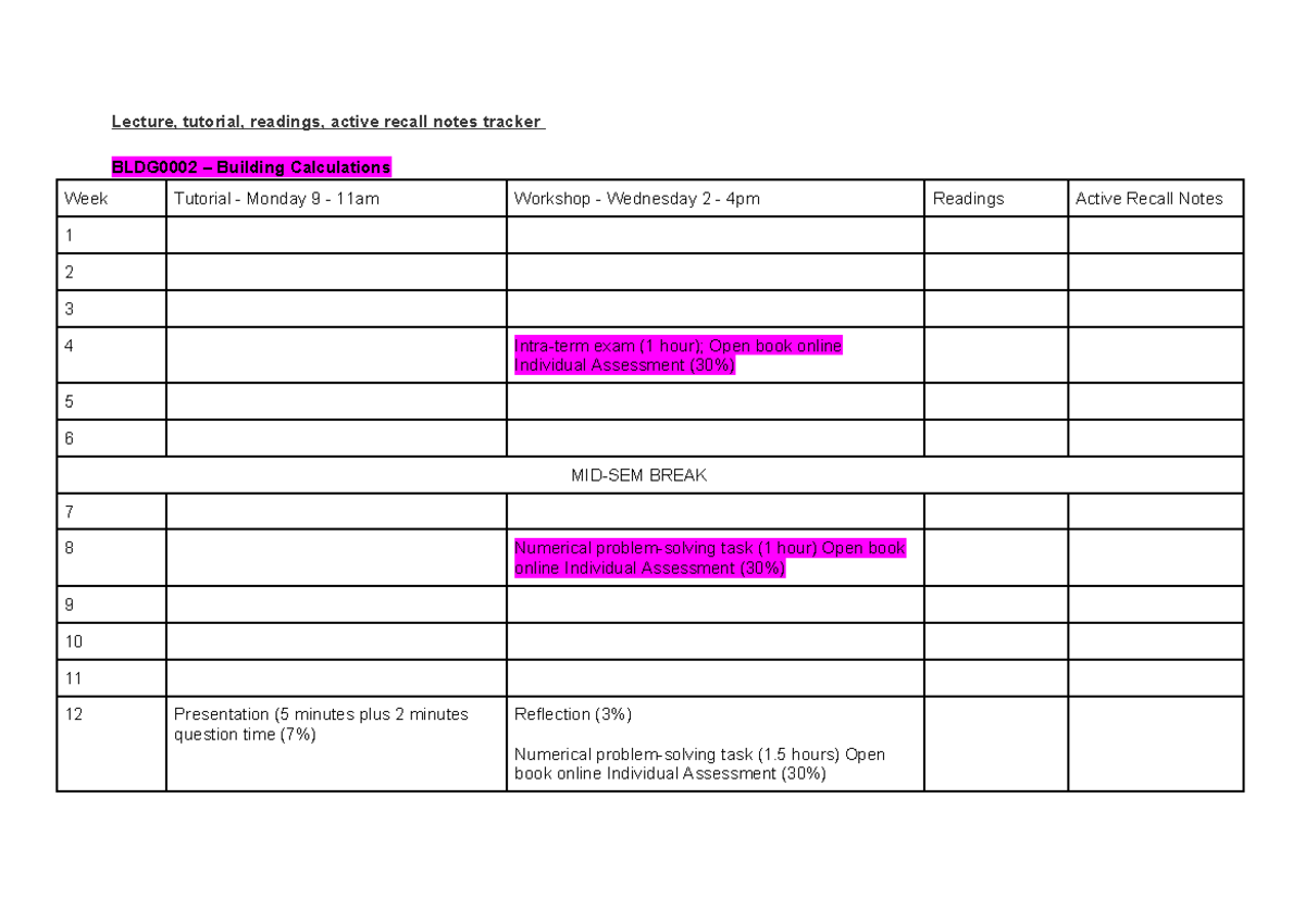 2022S2 Semester Organisation - Lecture, tutorial, readings, active ...