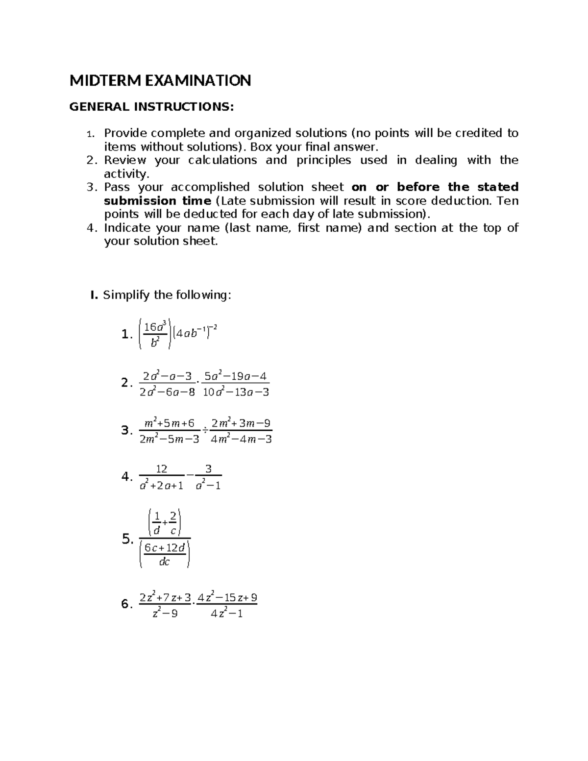 Midterm EXAM - MIDTERM EXAMINATION GENERAL INSTRUCTIONS: Provide ...