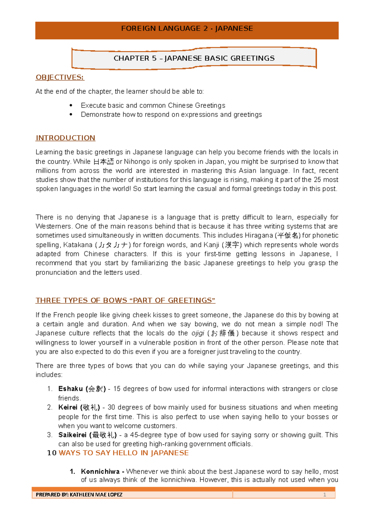 Module 5 - Foreign Language Nihongo / Japanese - OBJECTIVES: At the end of the chapter, the ...