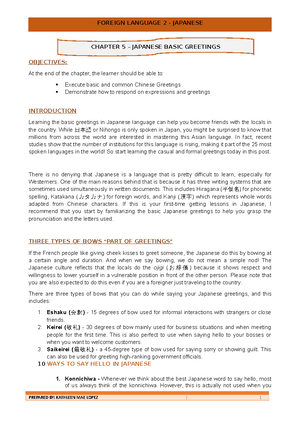 Module 1 - Foreign Language Nihongo / Japanese - OBJECTIVES: At the end ...