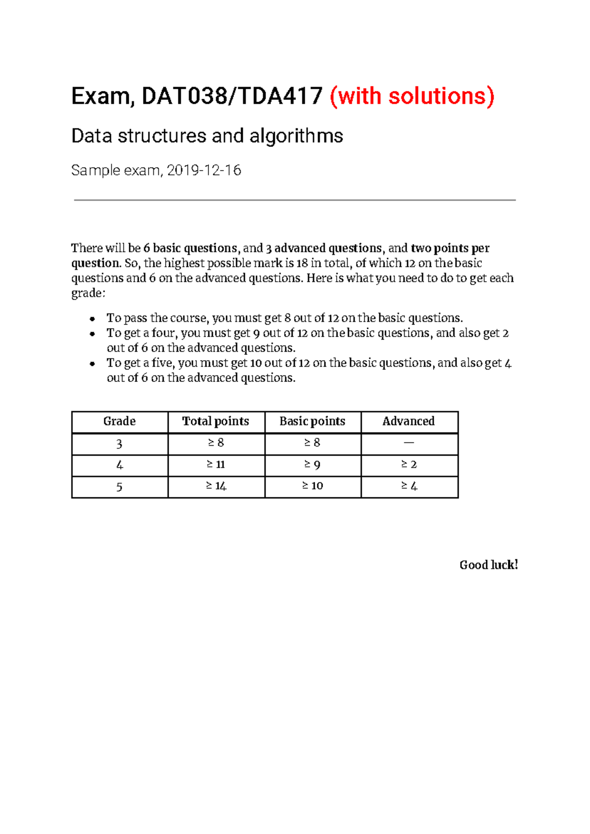 Sample exam 1 solutions - Exam, DAT038/TDA417 (with solutions) Data structures and algorithms ...
