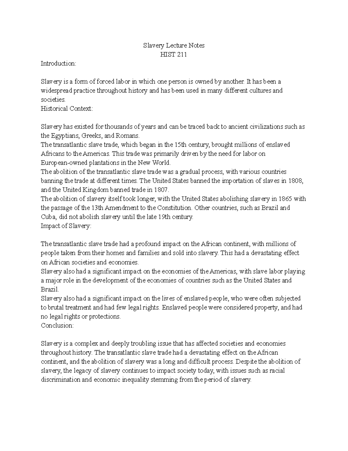 Slavery Lecture Notes - Slavery Lecture Notes HIST 211 Introduction ...