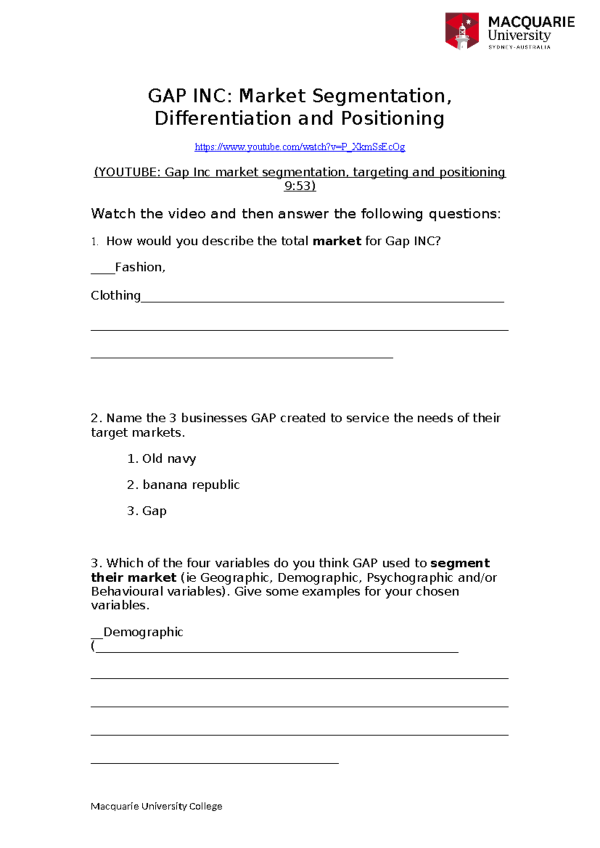 GAP INC Worksheet - GAP INC: Market Segmentation, Differentiation and ...