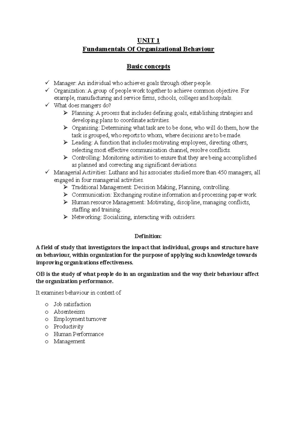 UNIT 1 Notes - UNIT 1 Fundamentals Of Organizational Behaviour Basic ...