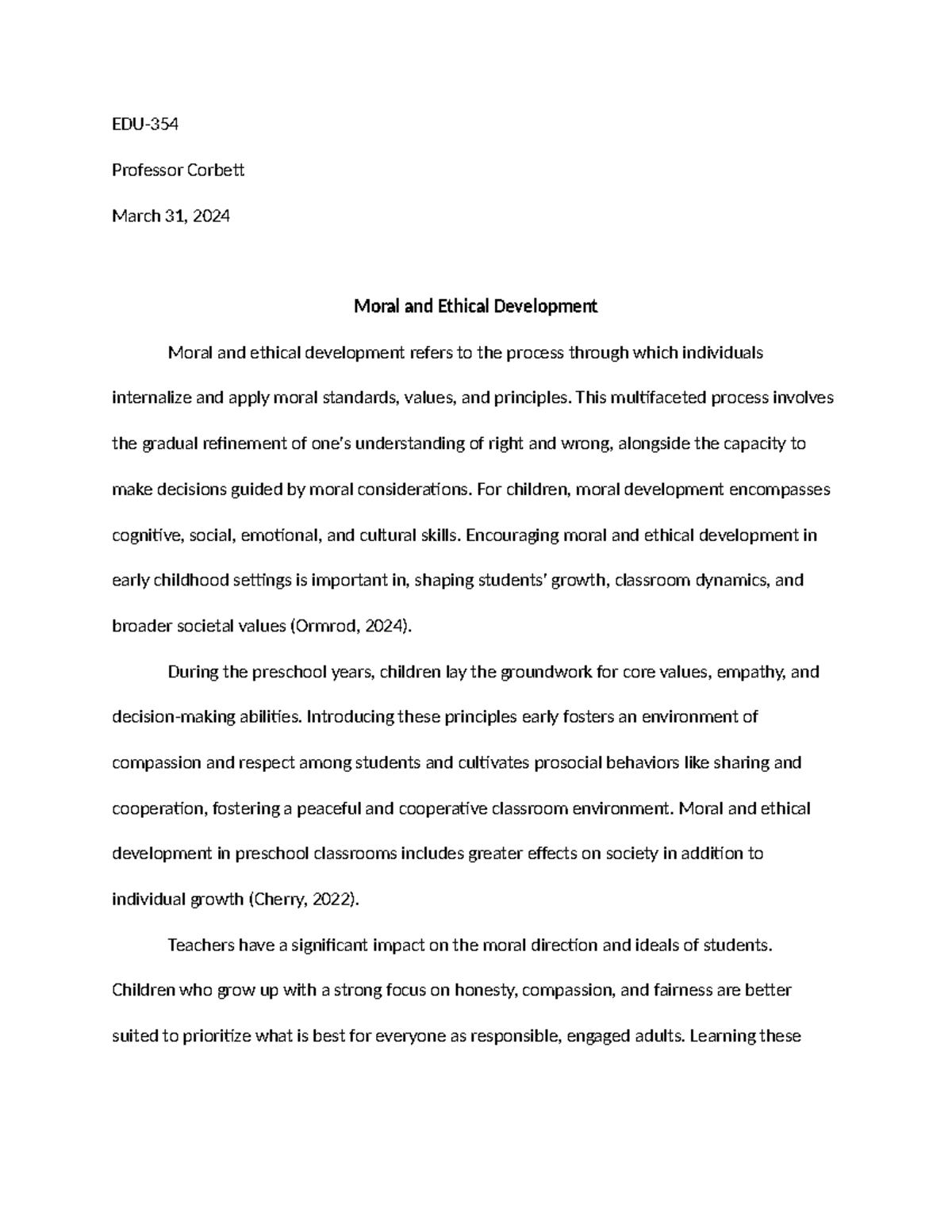 Moral and Ethical Development 33124 - EDU- Professor Corbett March 31 ...