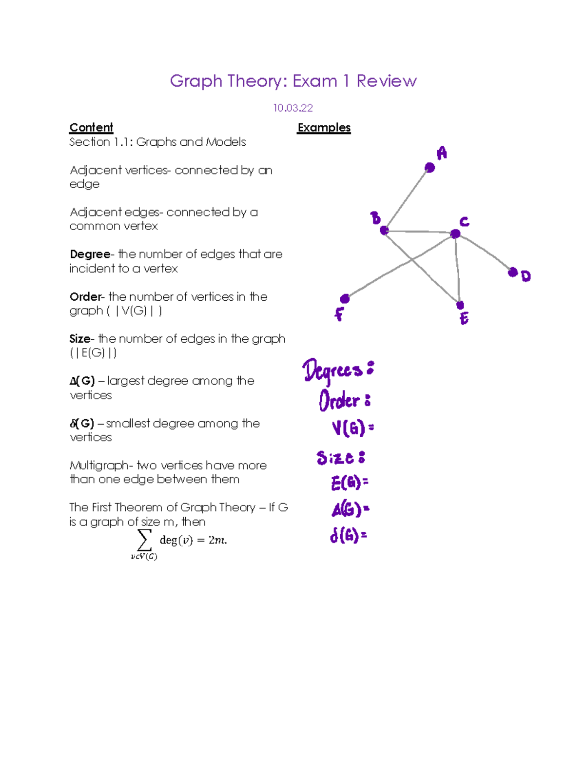 Exam 1 Review GT - Dr.Holliday - Graph Theory: Exam 1 Review 10 ...