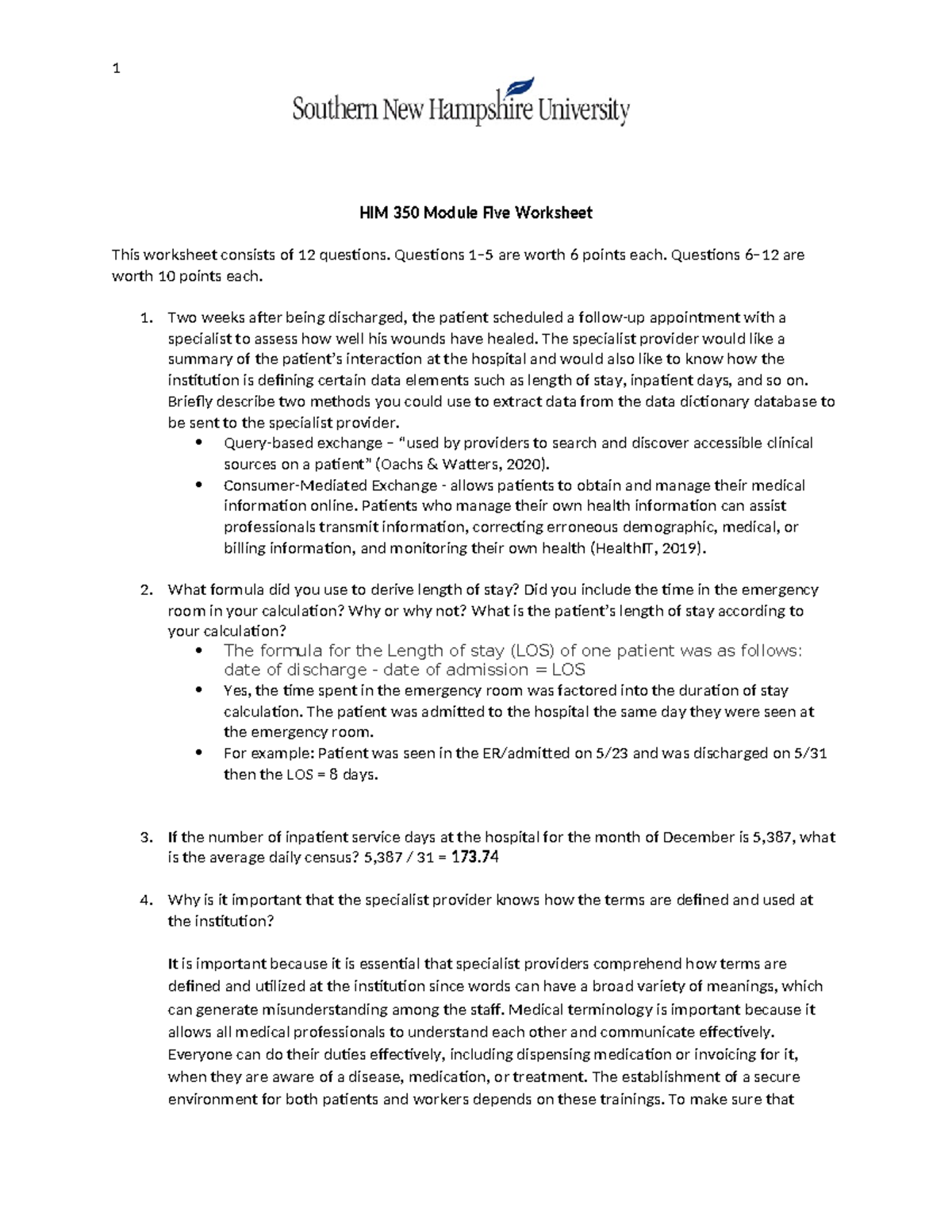 5-1 HIM 350 Module Five Worksheet - HIM 350 Module Five Worksheet This worksheet consists of 12 ...