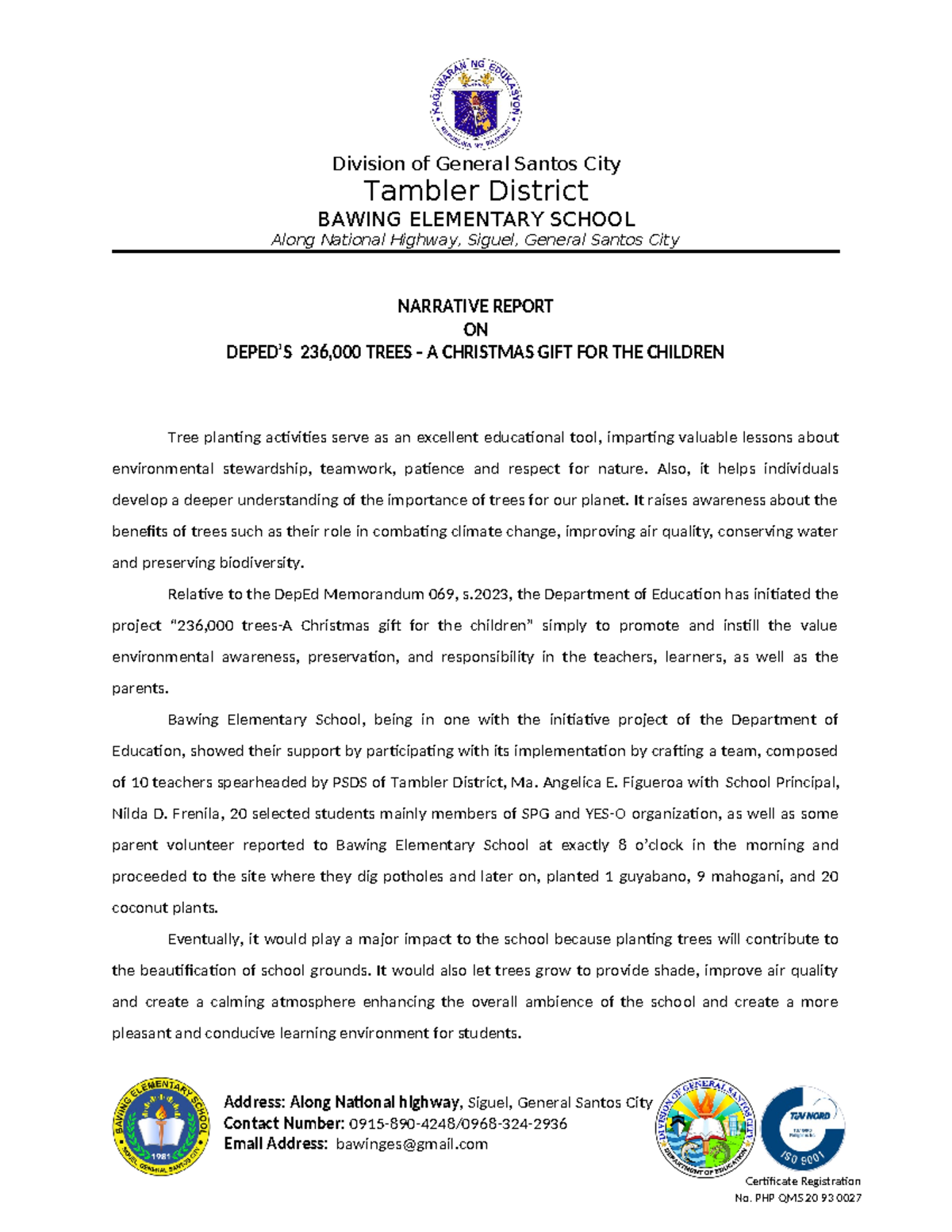 Narrative Report Tree Planting Activity - Address: Along National ...