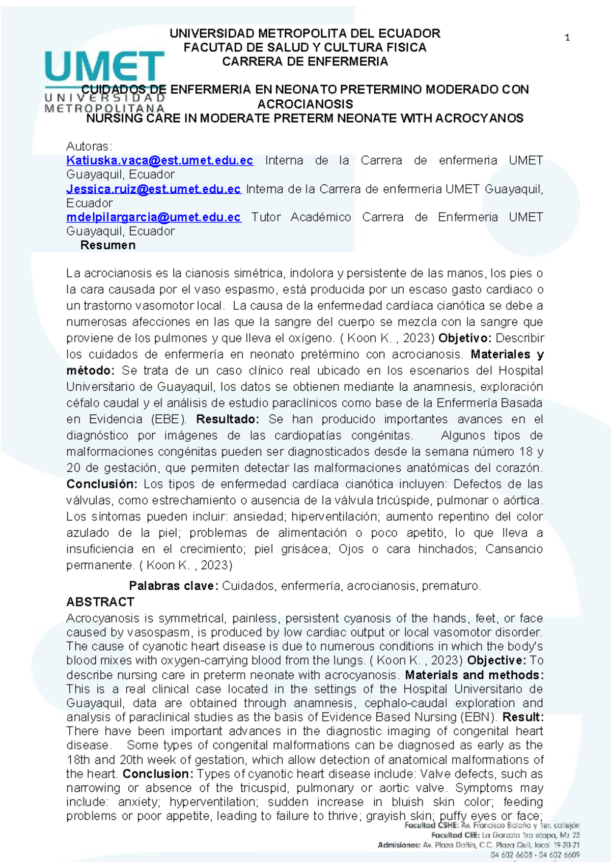CASO Clinico Acrocianosis - UNIVERSIDAD METROPOLITA DEL ECUADOR 1 ...