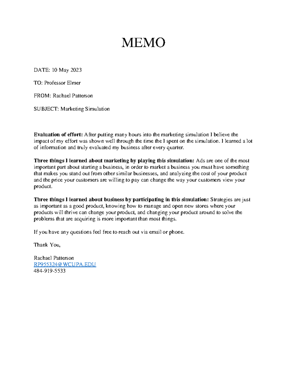 MEMO - no thanks - MEMO DATE: 10 May 2023 TO: Professor Elmer FROM ...