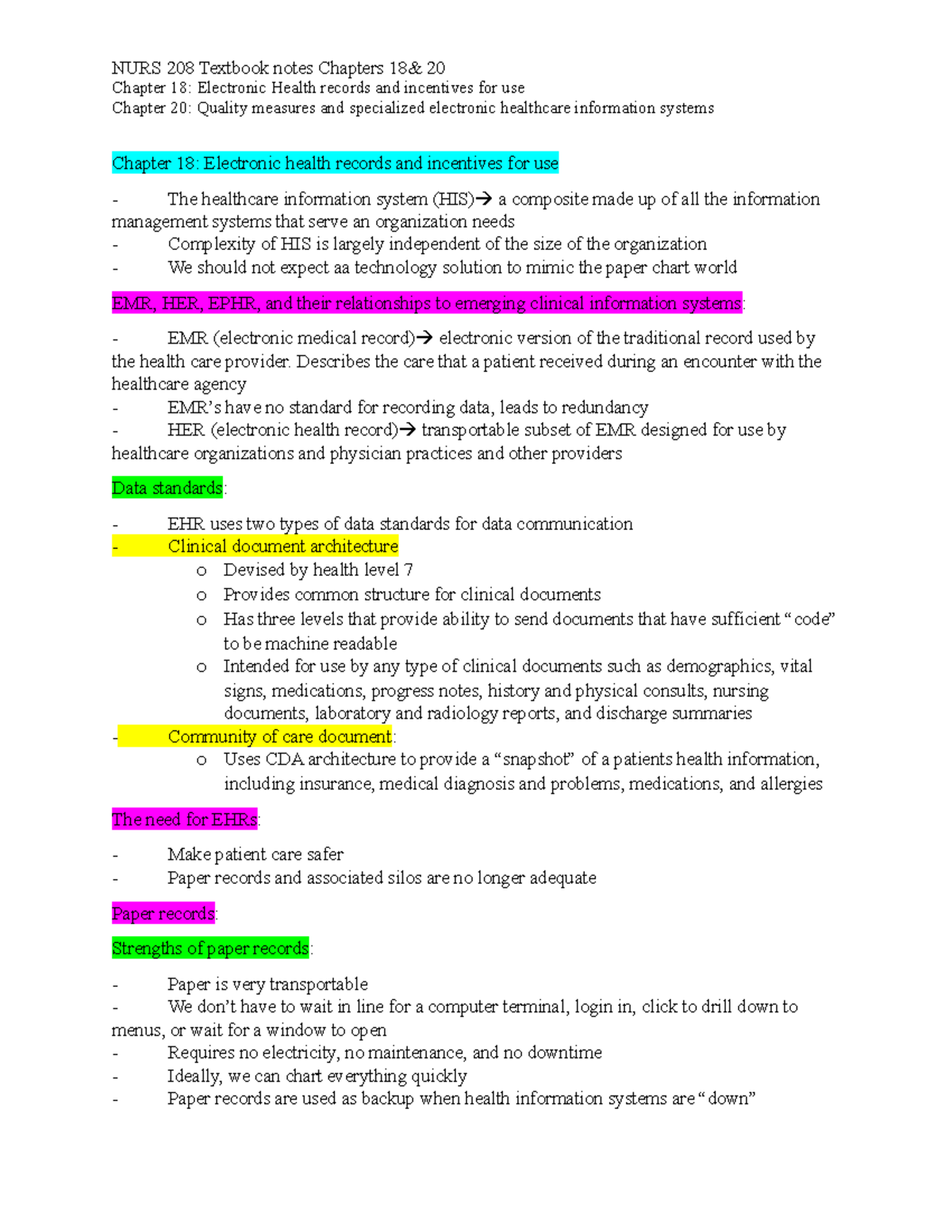 NURS 208 Chapter 18 and 20 - Chapter 18: Electronic Health records and ...