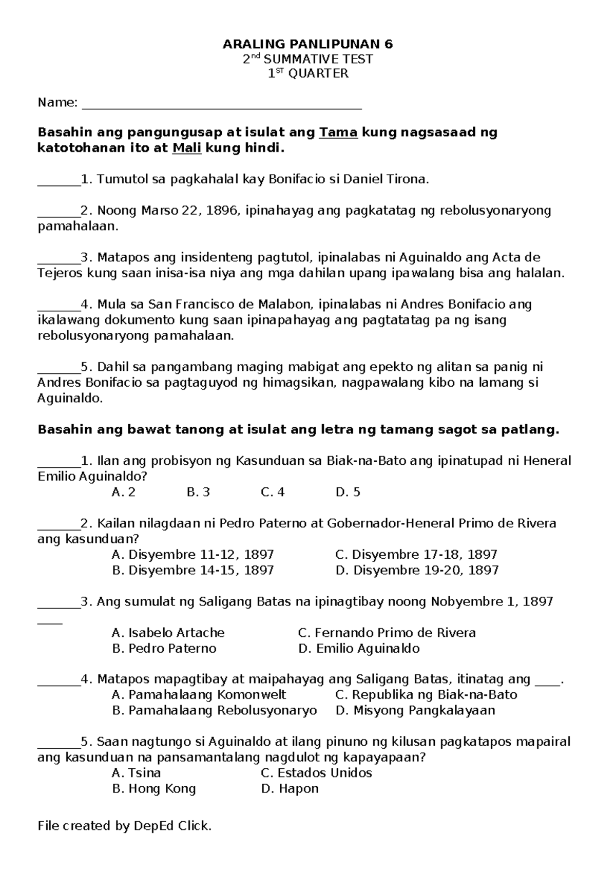 AP6 ST2 Q1 - Summative Test 2 Aralin Panlipunan Q1 - ARALING PANLIPUNAN ...