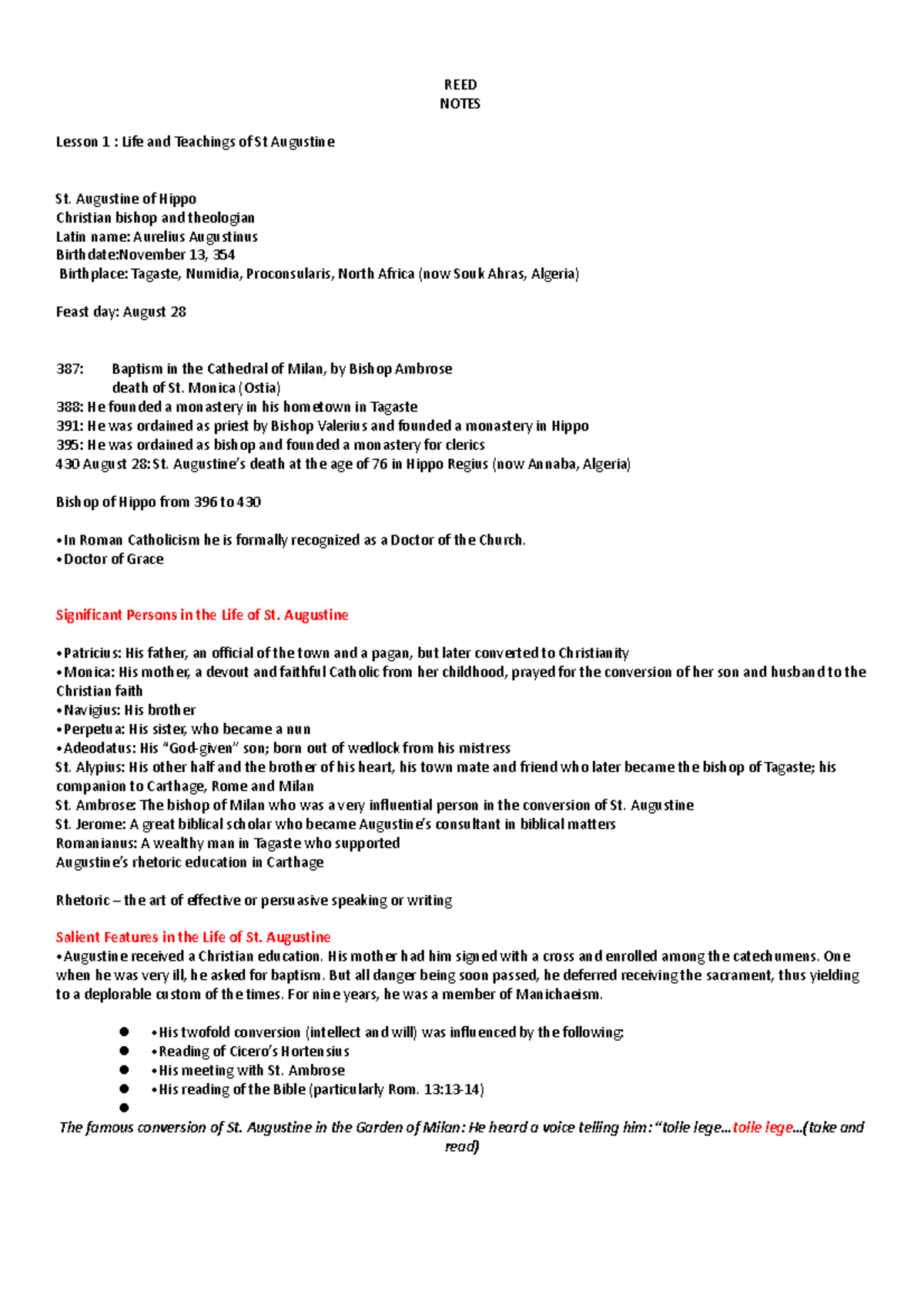 REED- Notes - REED NOTES Lesson 1 : Life and Teachings of St Augustine ...