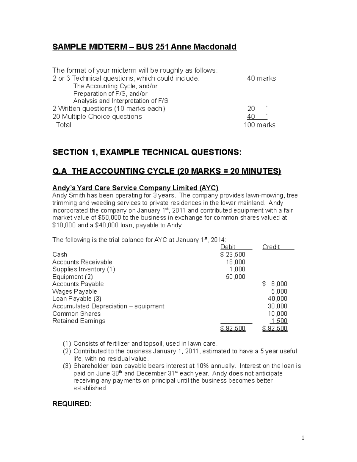 Sample Midterm answers - SAMPLE MIDTERM – BUS 251 Anne Macdonald The ...