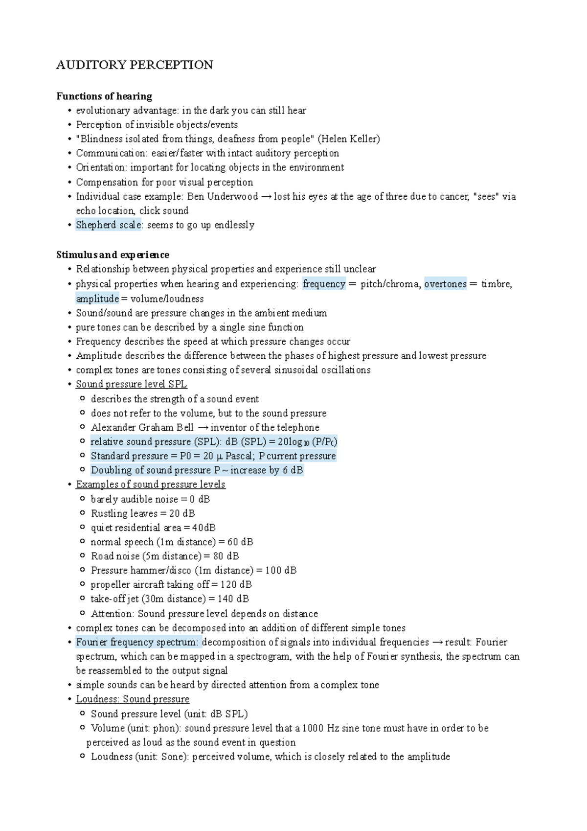 Summary Lecture 7 - Auditory Perception - AUDITORY PERCEPTION Functions ...