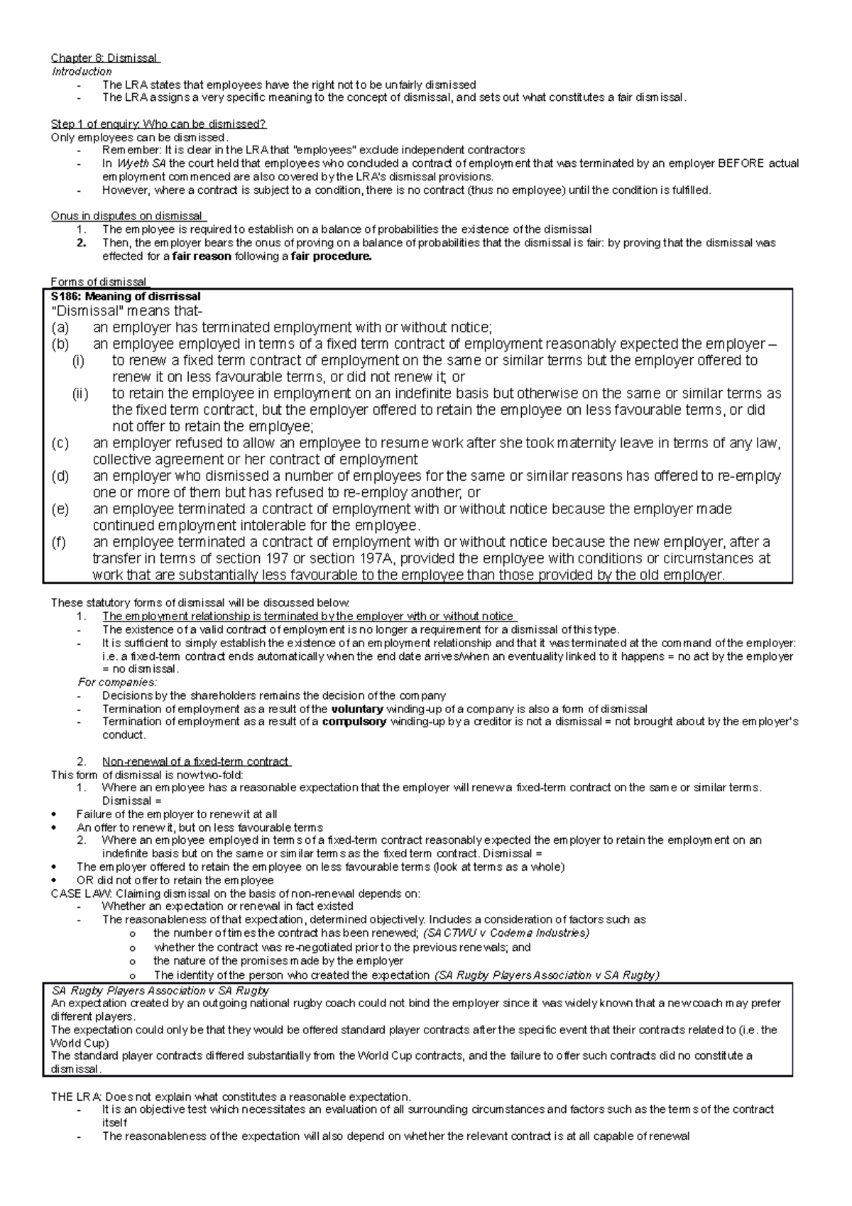 Chapter 8 - Summary Labour Law - Chapter 8: Dismissal Introduction ...