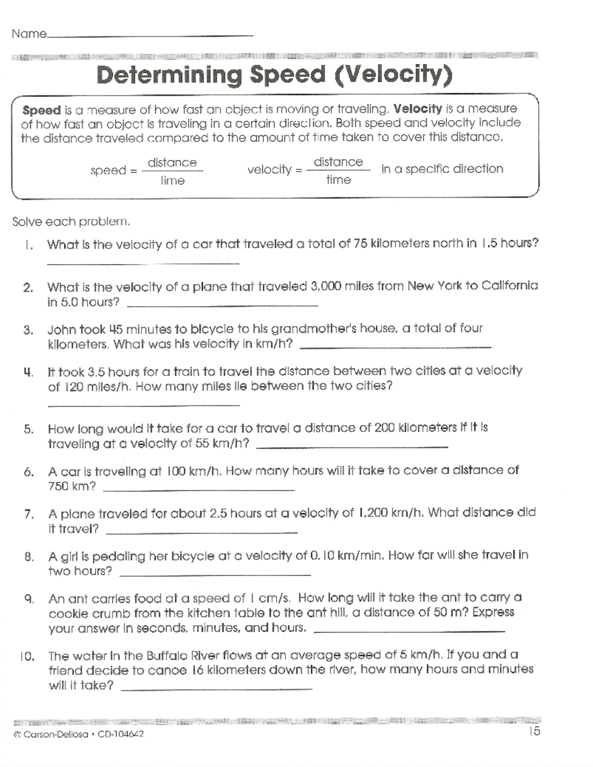 Speed WS - Name Determining Speed (Velocity) Speed is a measure of how ...