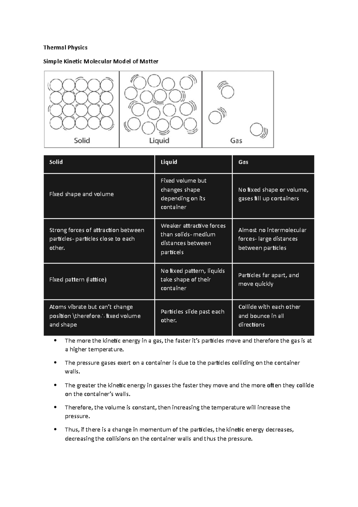 Thermal Physics - Thermal Physics Simple Kinetic Molecular Model of ...