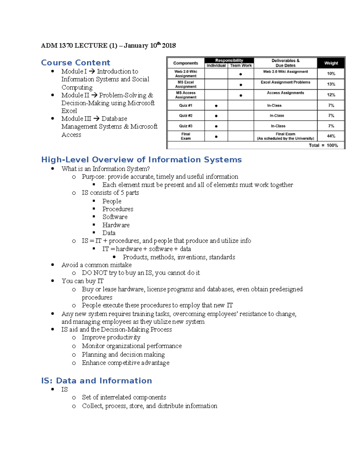 ADM 1370 Lecture - January 10th 2018 - ADM 1370 LECTURE (1) – January ...