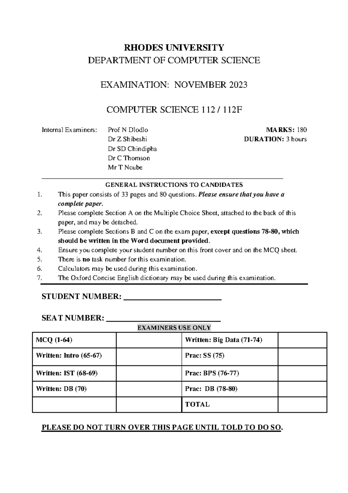 202311 CS112 112F Nov 2023 - RHODES UNIVERSITY DEPARTMENT OF COMPUTER SCIENCE EXAMINATION ...