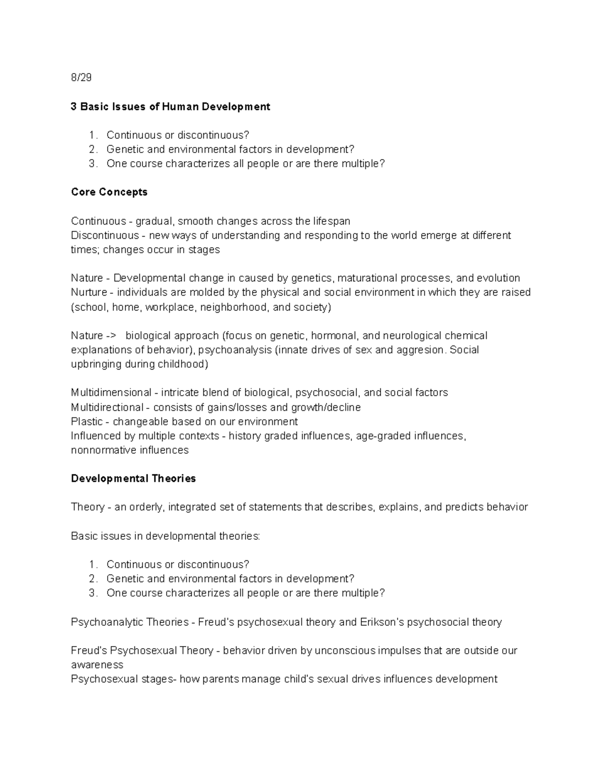Nursing Notes - Core Developmental Theories and Ideas - 8/ 3 Basic ...