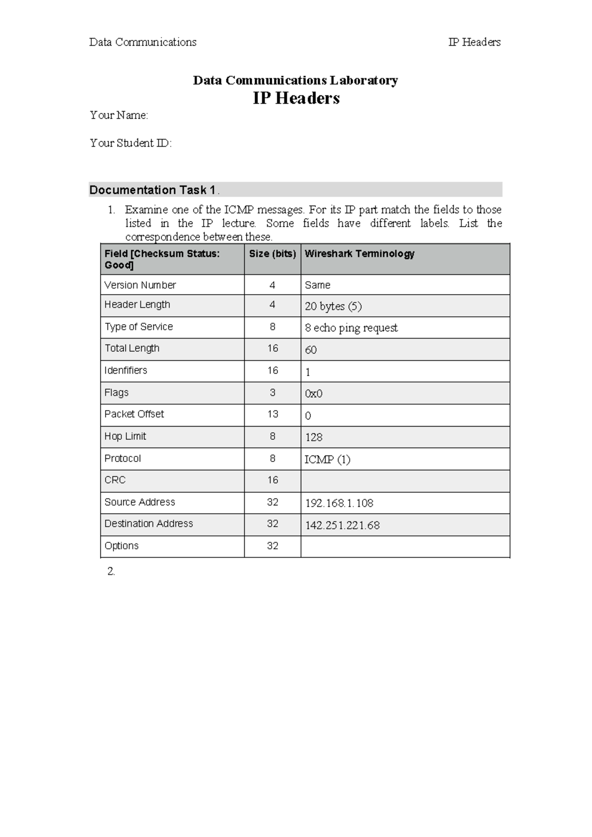Practical Ip Headers Documentation Template Data Communications Laboratory Ip Headers Your