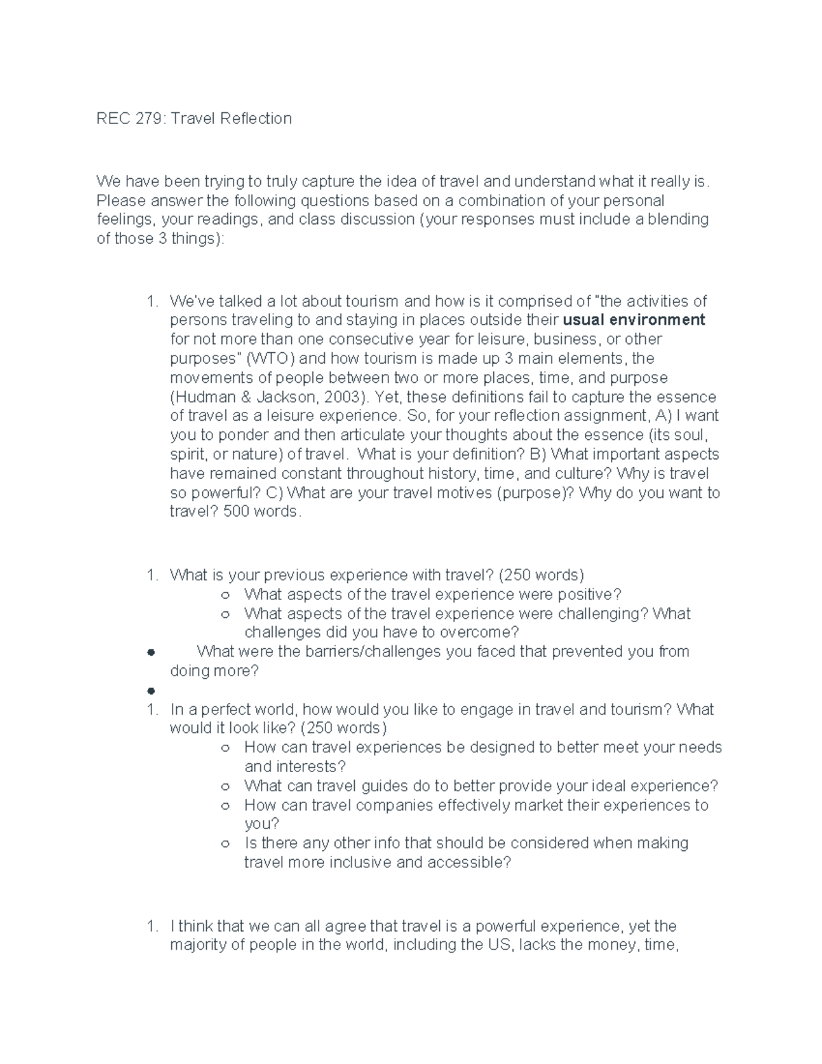 REC 279 Reflection Instructions - REC 279: Travel Reflection We have ...
