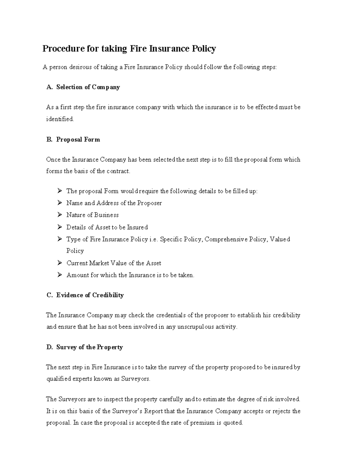 14 Procedure for taking Fire Insurance Policy - Selection of Company As ...