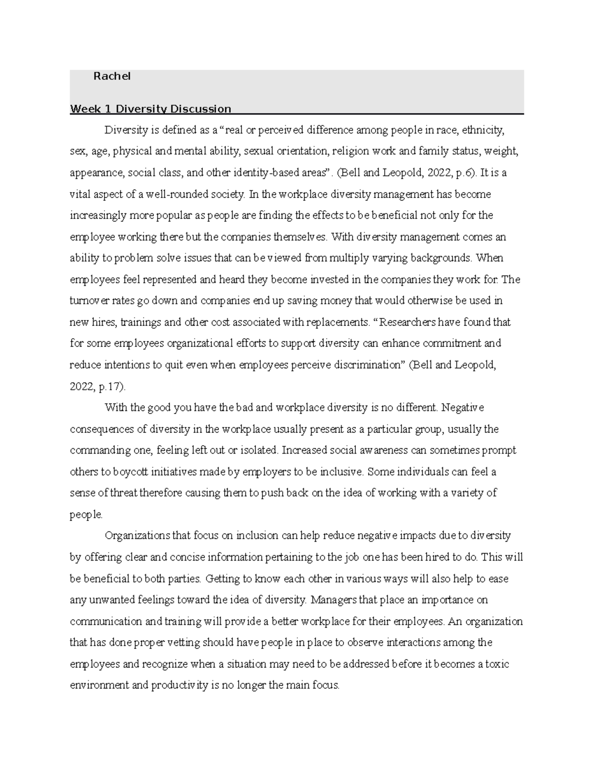 Rachel - Assignments - Rachel Week 1 Diversity Discussion Diversity is ...