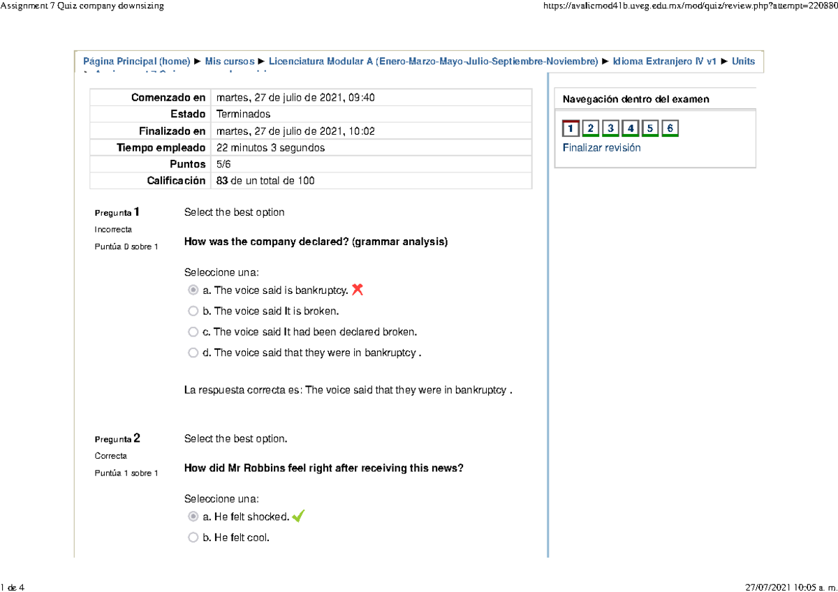 4.-Assignment 7 Quiz company downsizing - Página Principal (home) Mis cursos Licenciatura ...