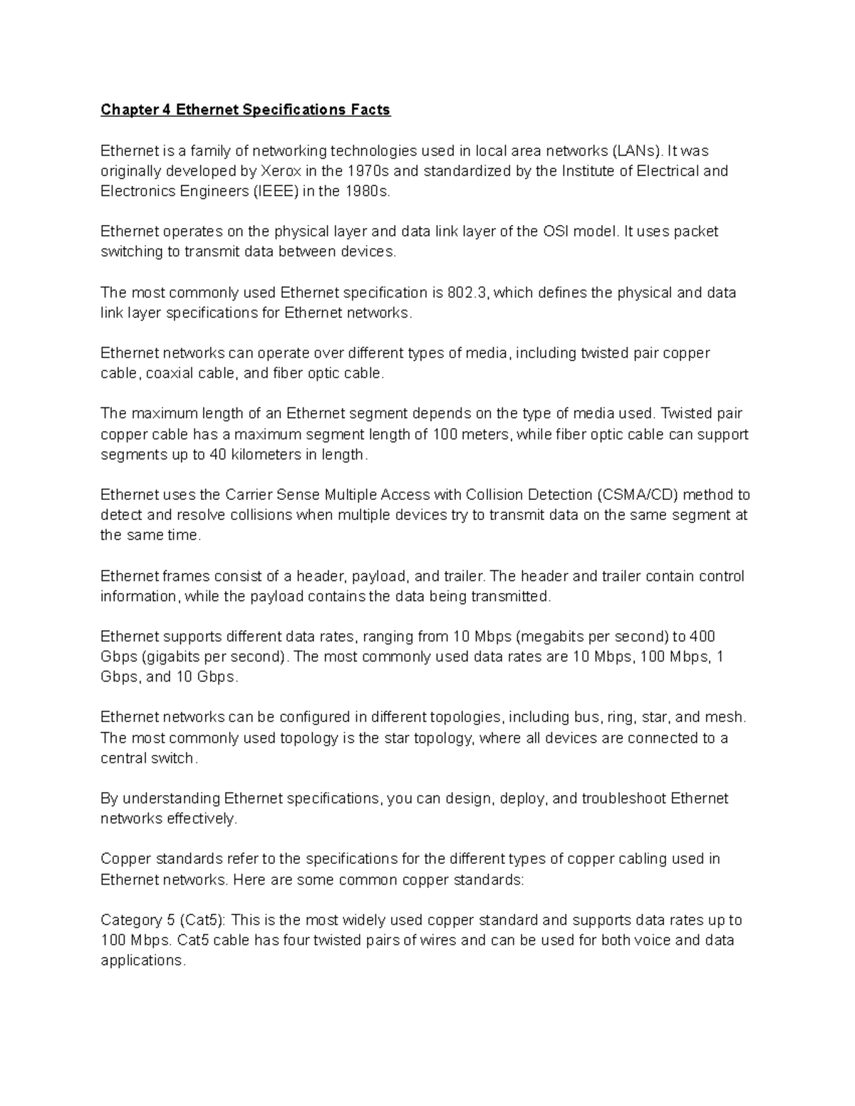 Chapter 4 Ethernet Specifications Facts - It was originally developed ...