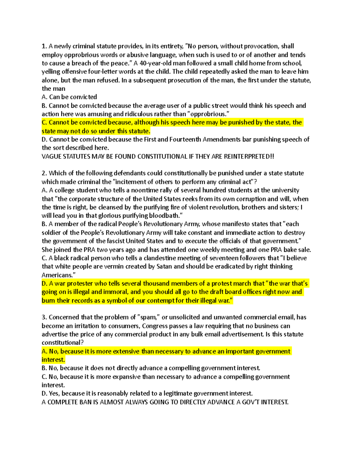 CON LAW MC Questions - Lecture notes - A newly criminal statute ...