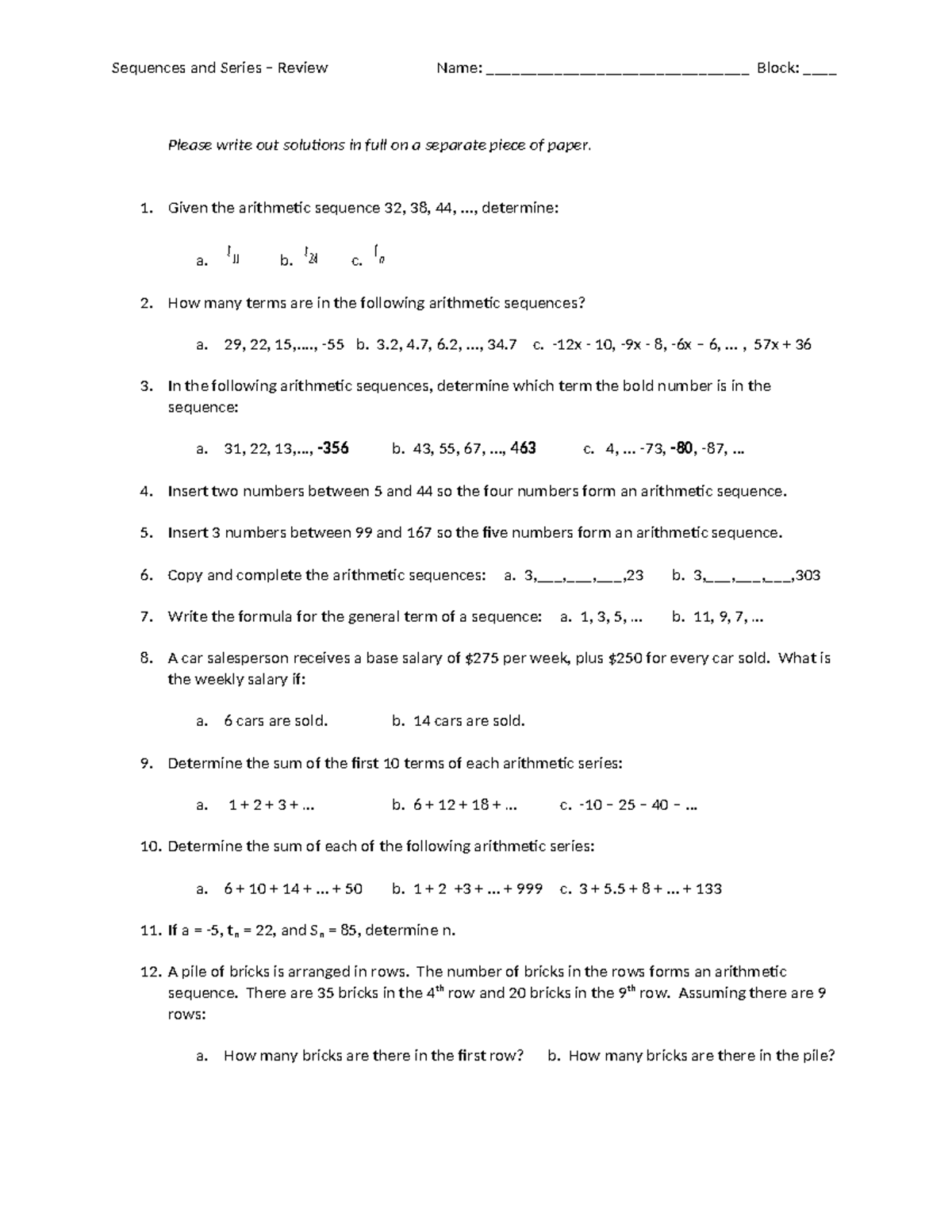 Review taken from mt review - Sequences and Series – Review Name ...
