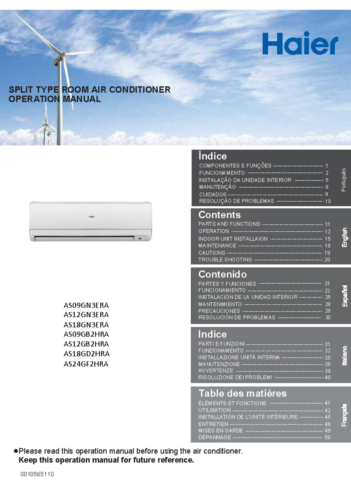 Haier AS12GN3ERA Air Conditioner - Please read this operation manual ...