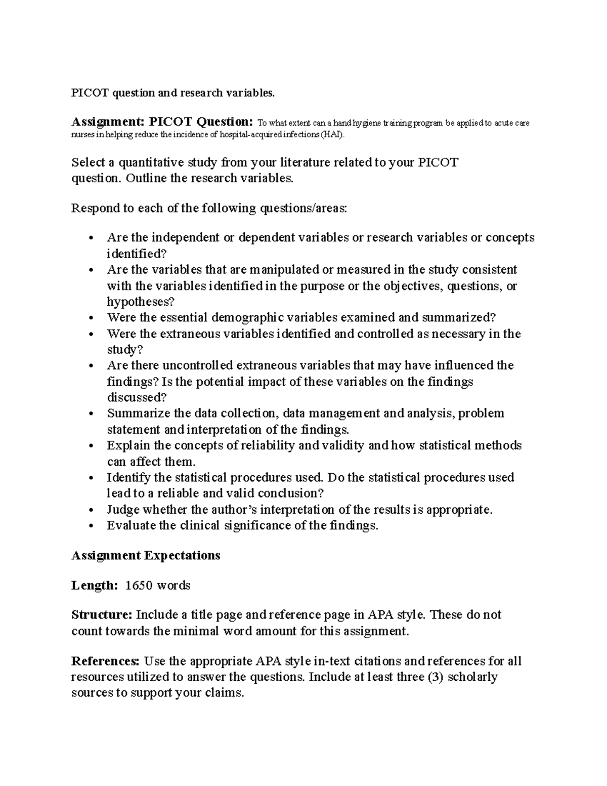 Picot question and research variables - Assignment: PICOT Question ...