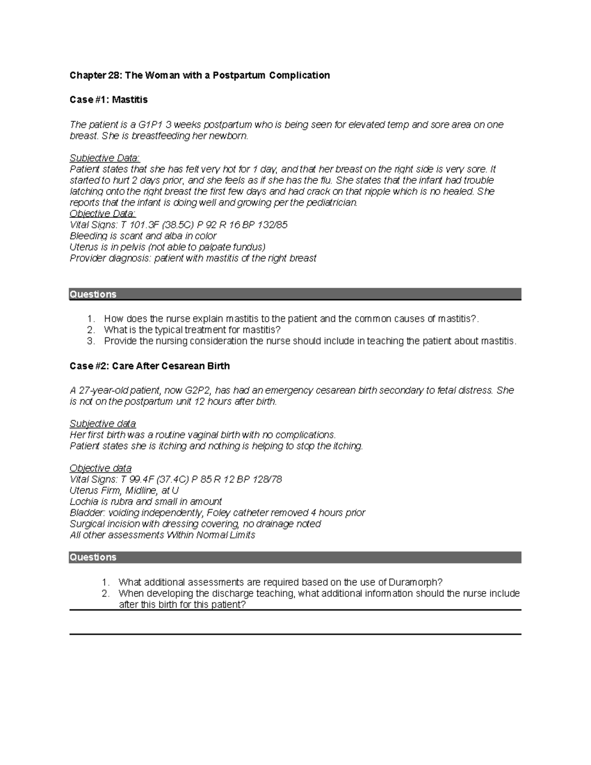 Postpartum Case Study Student - Chapter 28: The Woman with a Postpartum ...