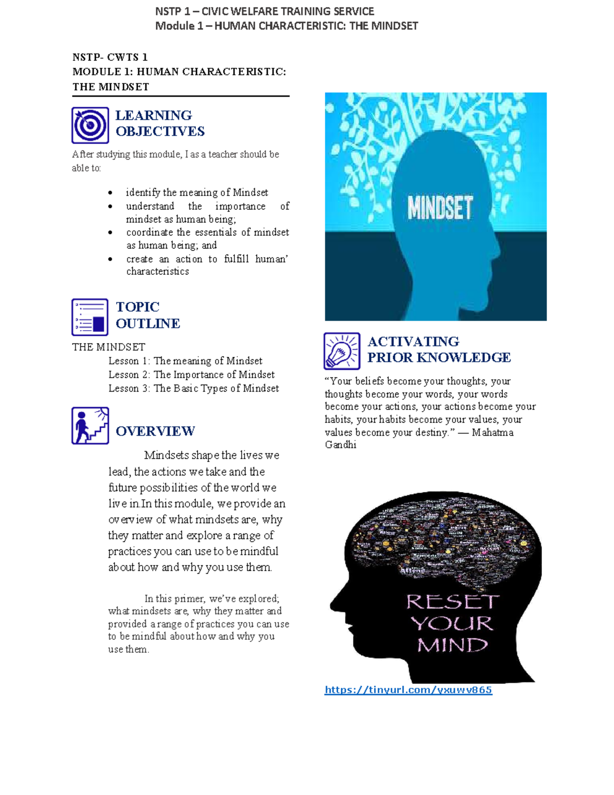 Module-3.2 - NEED ANSWER - NSTP- CWTS 1 MODULE 1: HUMAN CHARACTERISTIC: THE MINDSET LEARNING ...