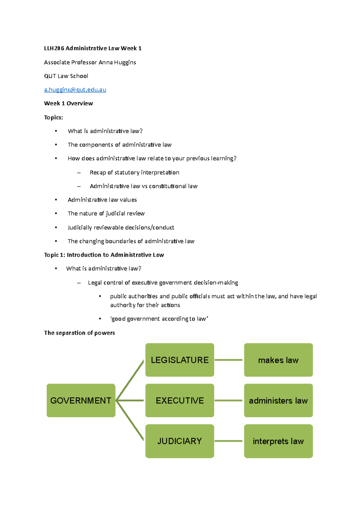 LLH206 Week 1 - Lecture Notes - LLH206 Administrative Law Week 1 ...