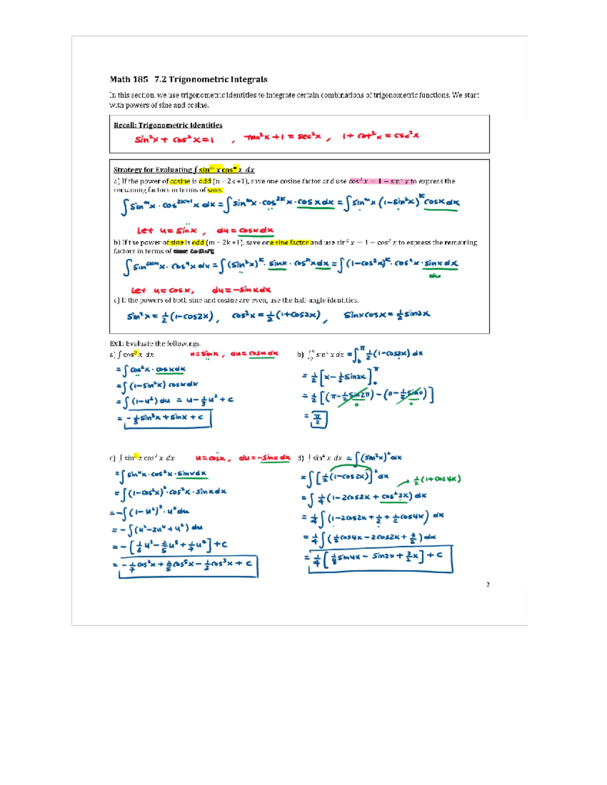 7.2 One Note - Sect. 7.2 Trigonometric Integrals - Math 185 7 ...