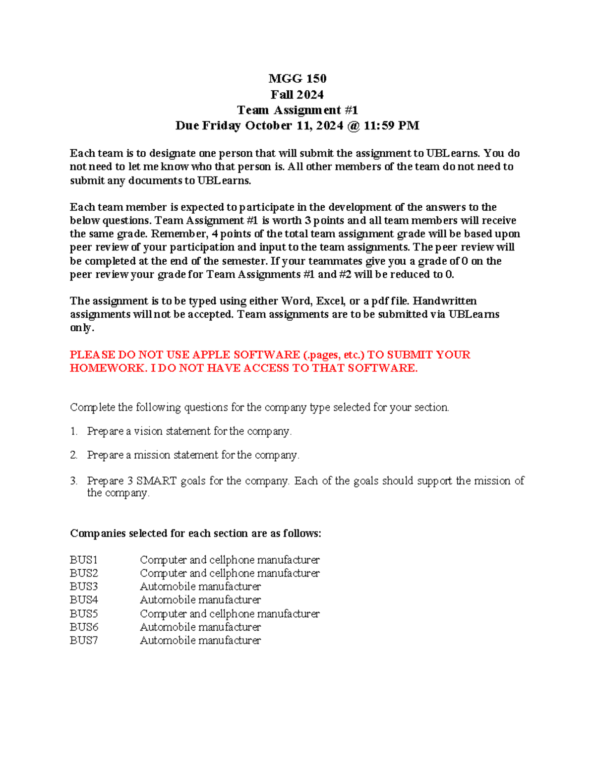 Team Assignment #1 - ihnioniulh - MGG 150 Fall 2024 Team Assignment Due Friday October 11, 2024 ...