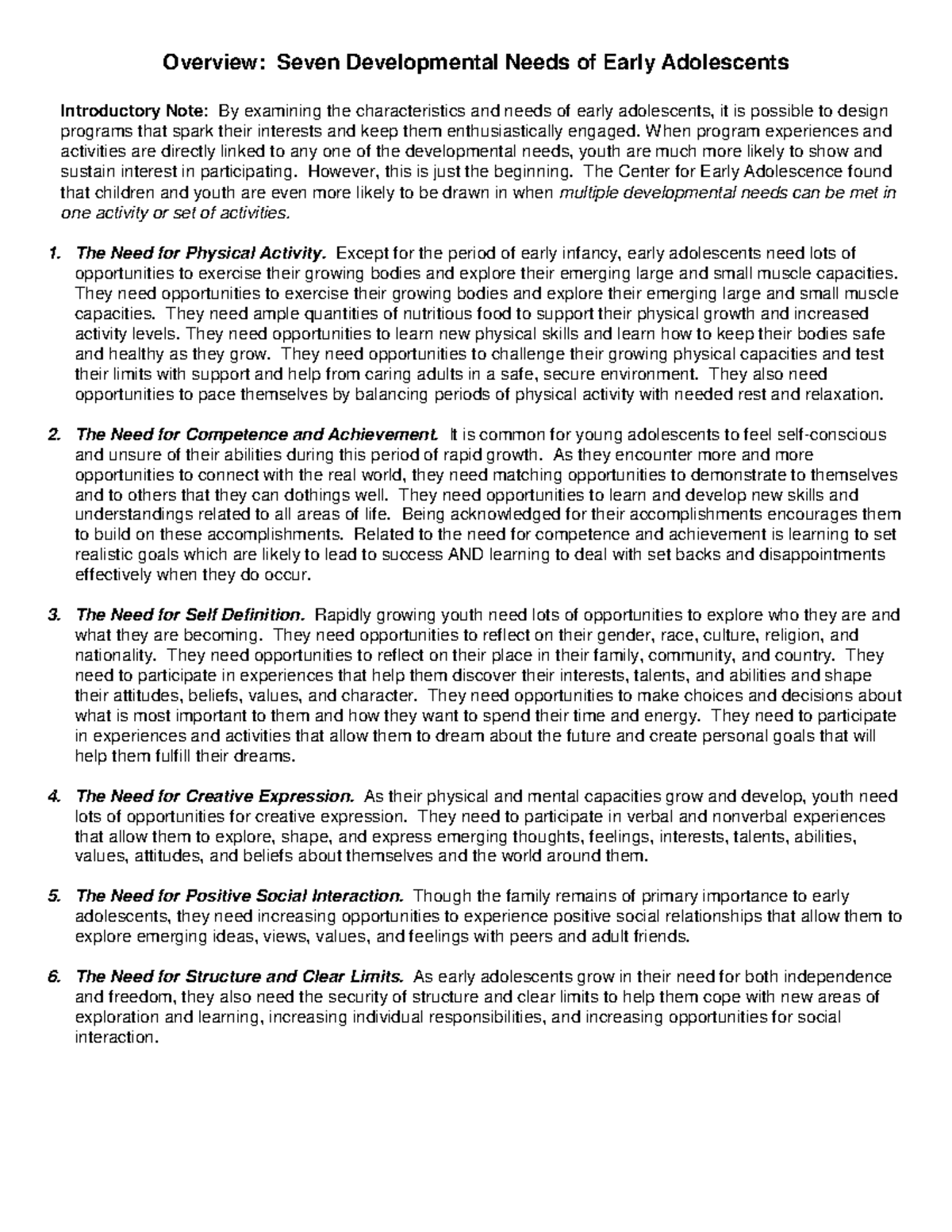 Overview-Seven Developmental Needs of Early Adolescents - Overview ...