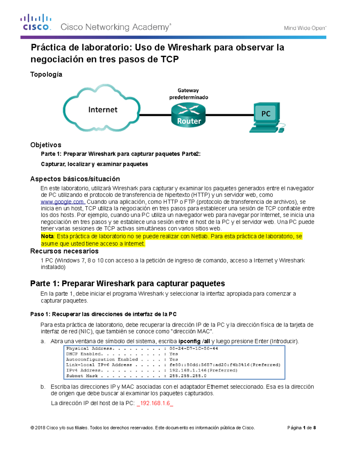 9.2.1.6 Lab - Using Wireshark to Observe the TCP 3-Way Handshake - Práctica de laboratorio: Uso ...