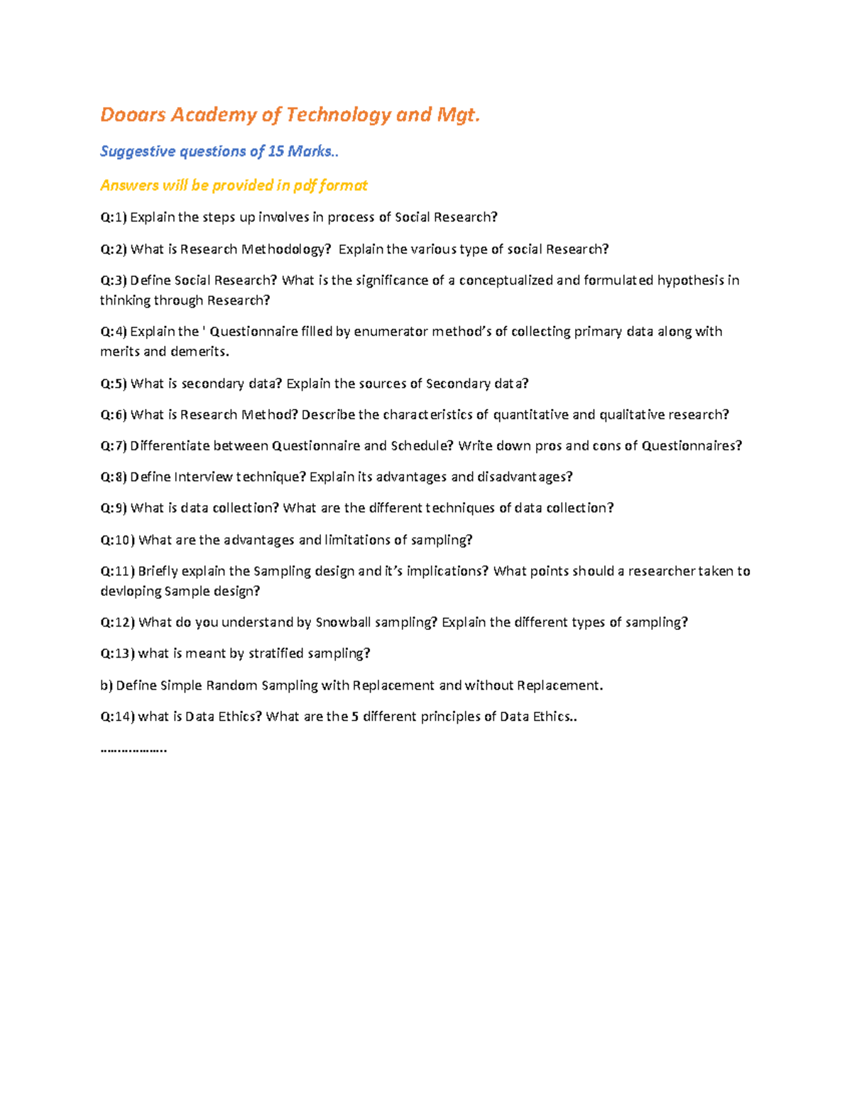 BRM suggestive 15 marks questions - Dooars Academy of Technology and ...