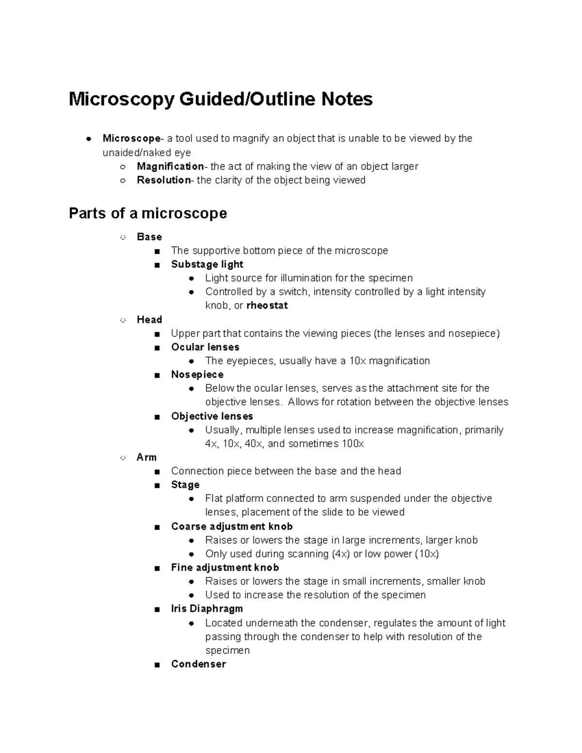 Microscopy Guided Outline Notes - Microscopy Guided/Outline Notes ...