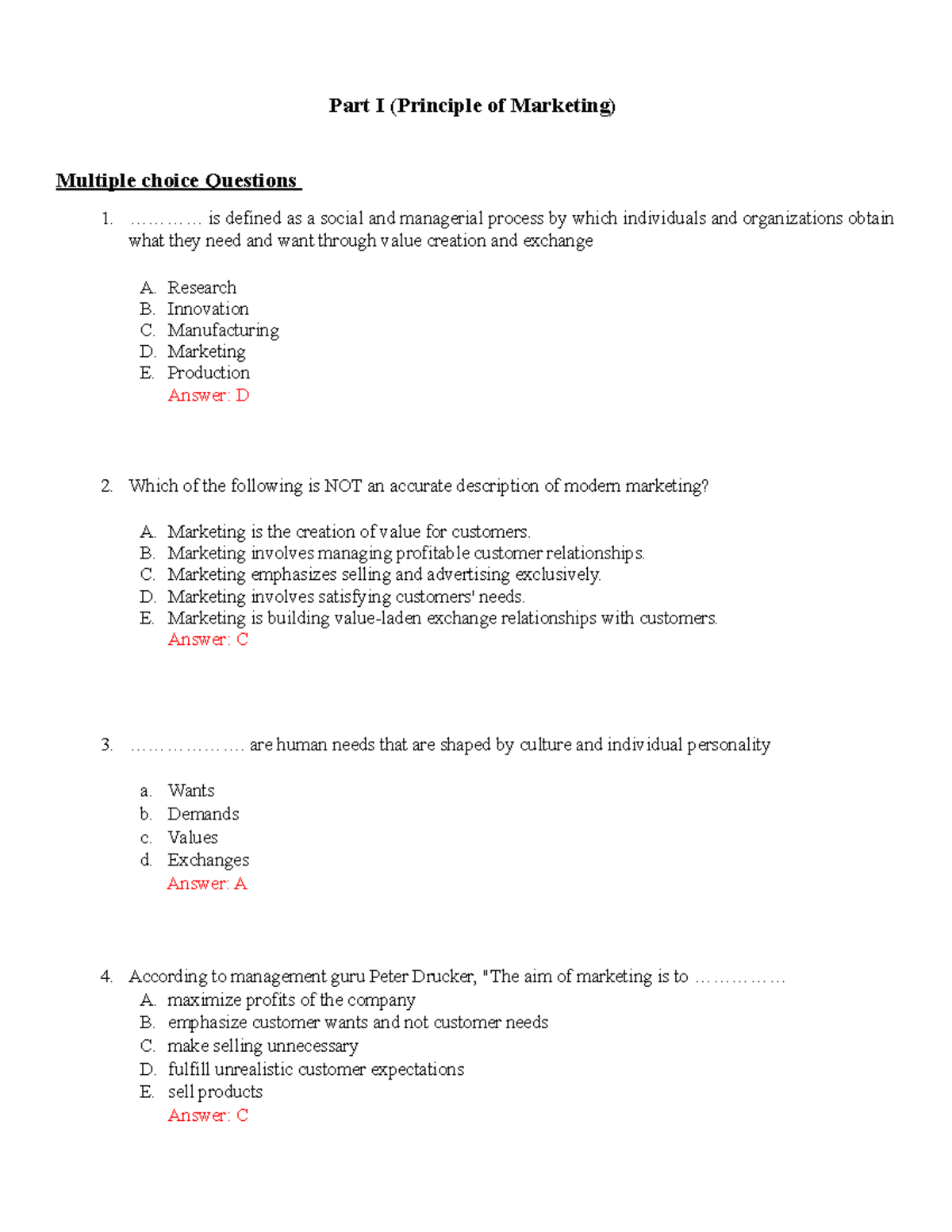 Introduction to Marketing part 1 questions - Part I (Principle of ...