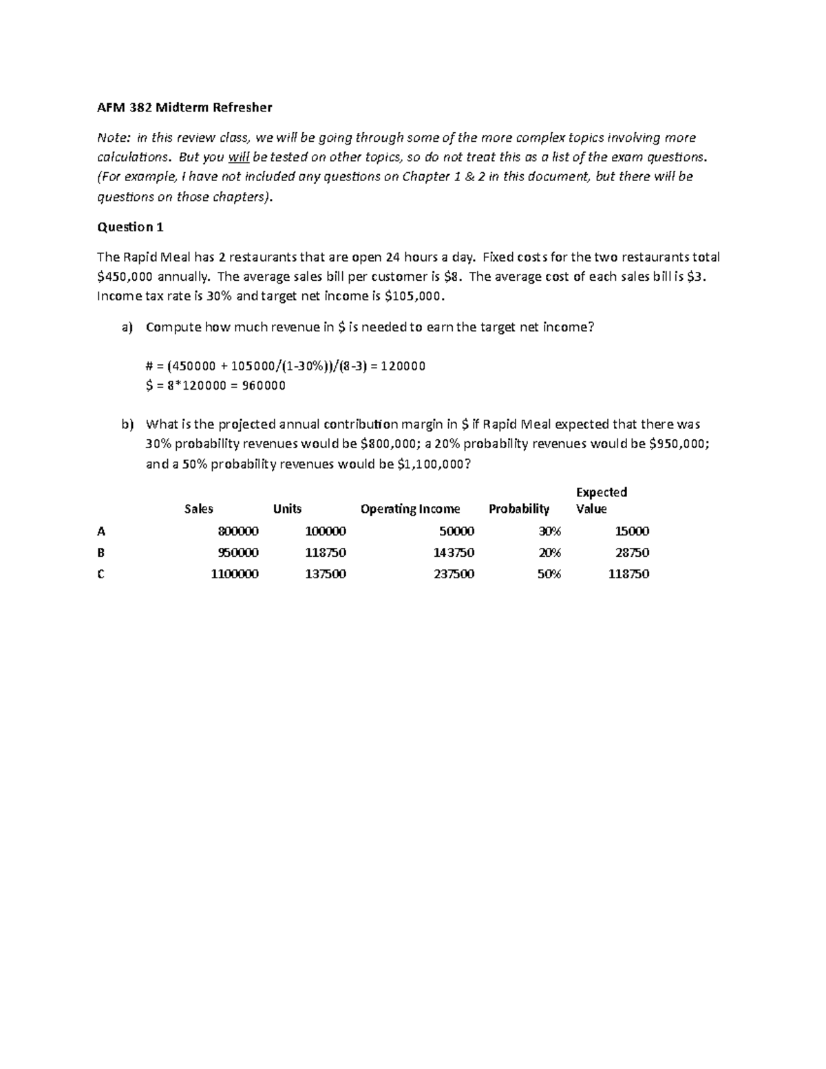 AFM382 Class Exercises Midterm Review - AFM 382 Midterm Refresher Note ...