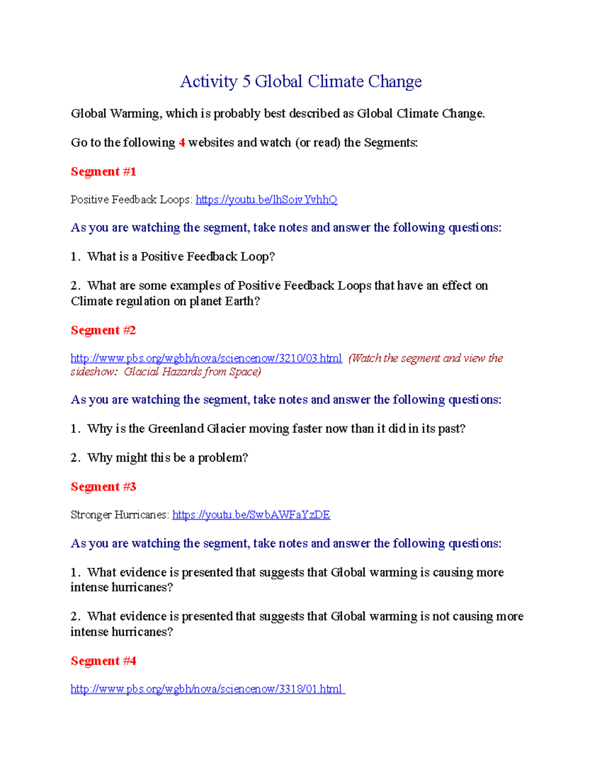 Activity 5 Global warming - Activity 5 Global Climate Change Global ...