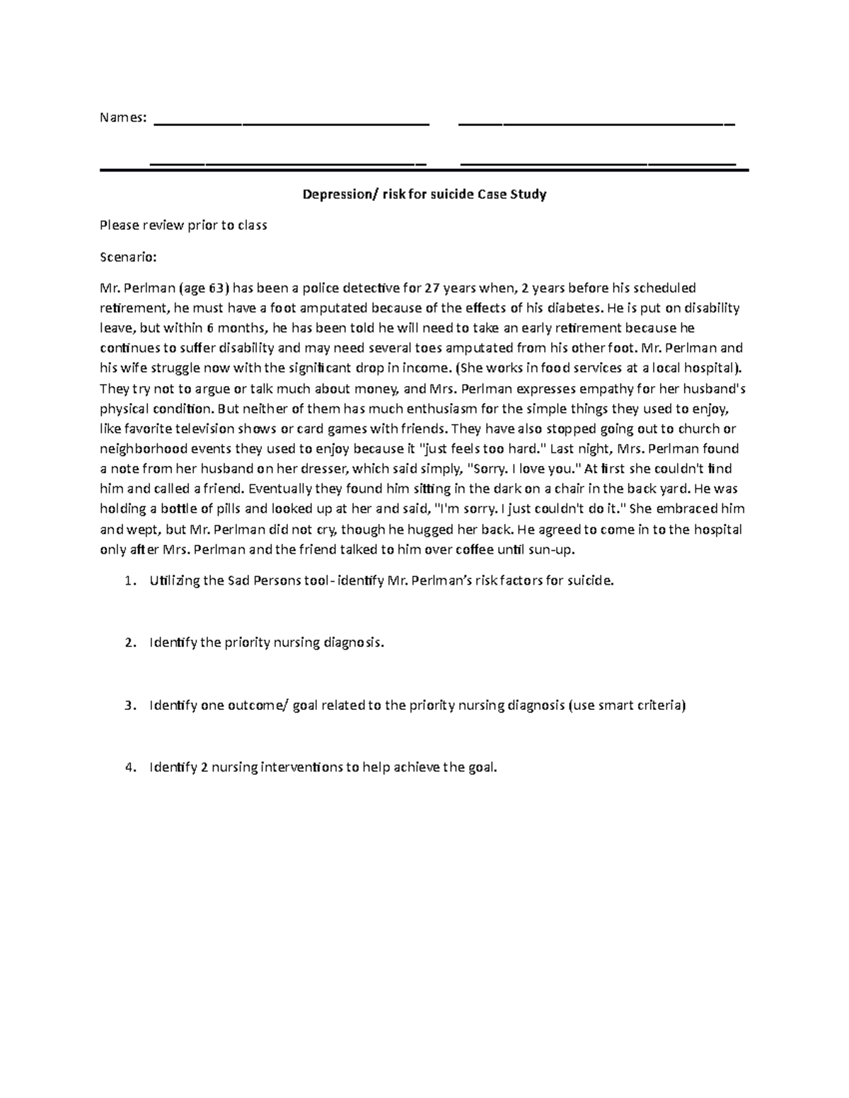 Depression risk for suicide Case Study - Names